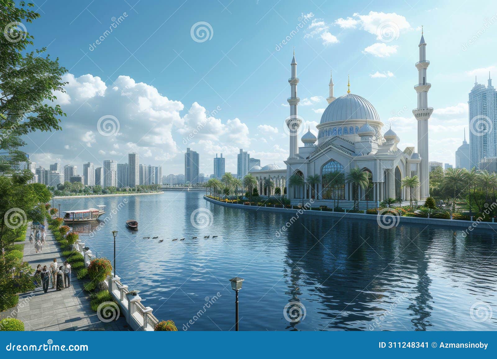 A Beautiful Blue Ocean with a White Mosque Building in the Background ...