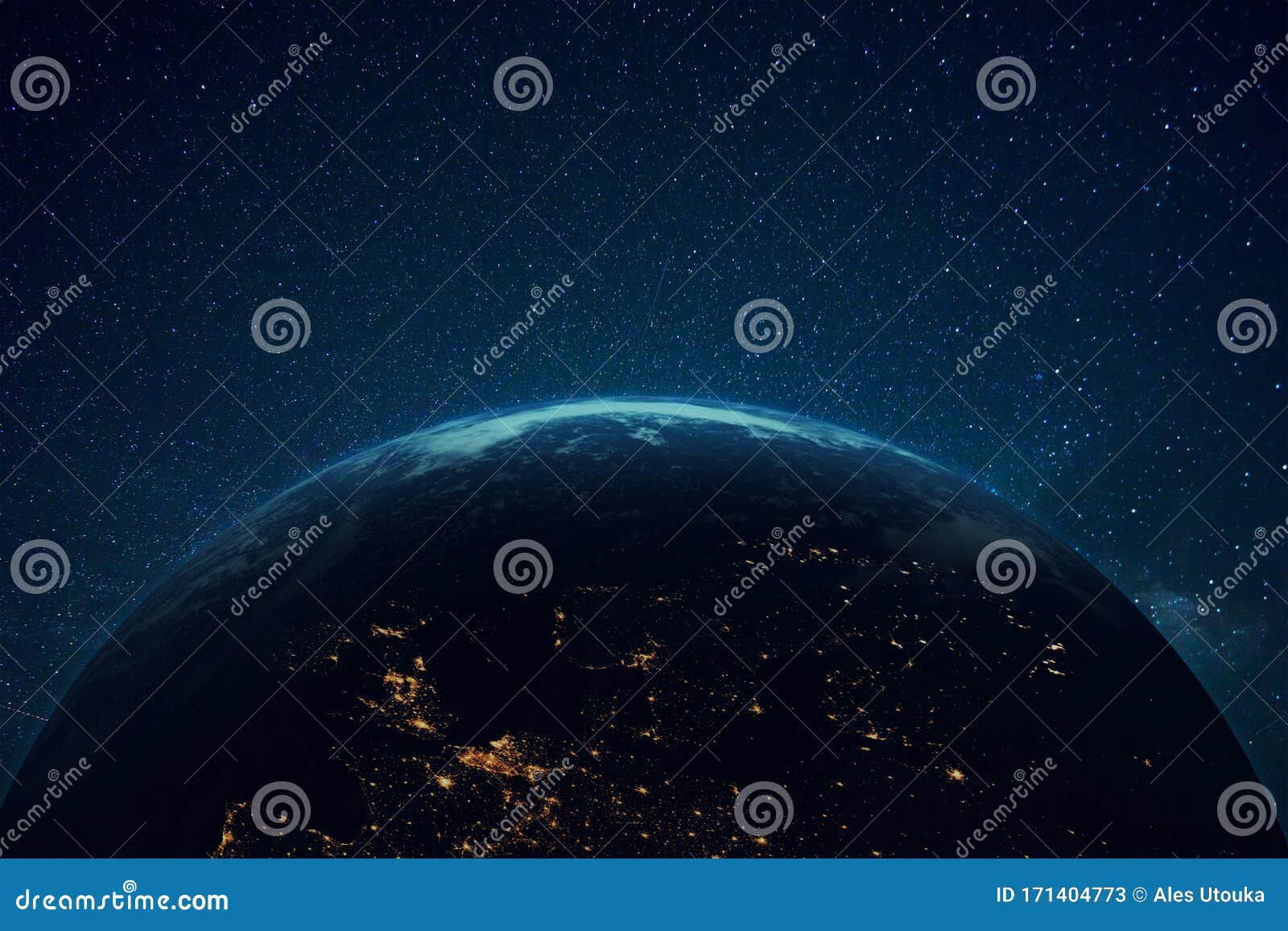 Beautiful Blue Planet Earth with Lights in Space. Flying Over the ...