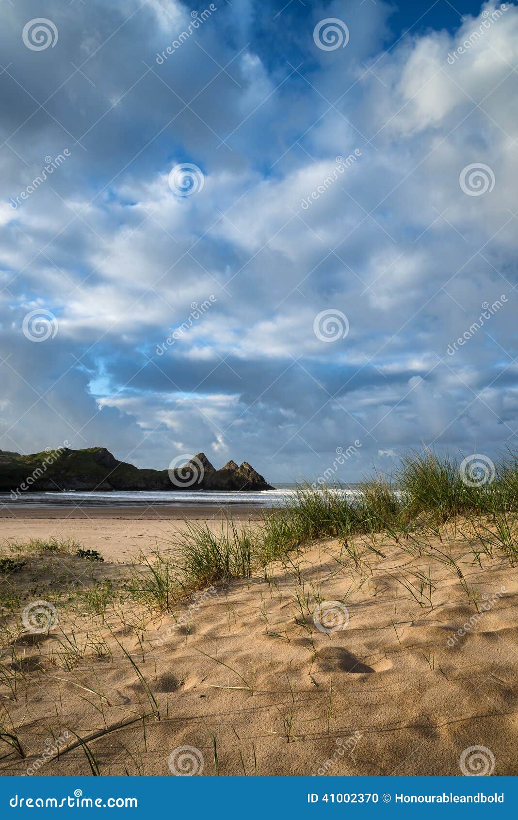Beautiful Blue Sky Morning Landscape Over Sandy Three Cliffs Bay Stock ...