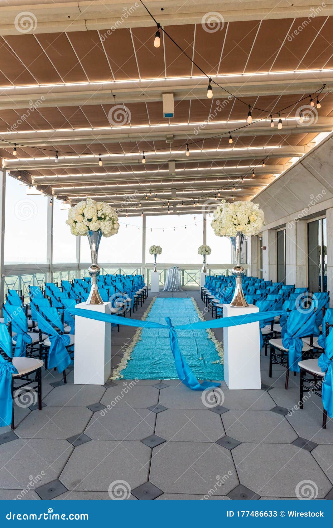 Beautiful Blue-themed Wedding Venue with Floral Decorations Stock Image ...