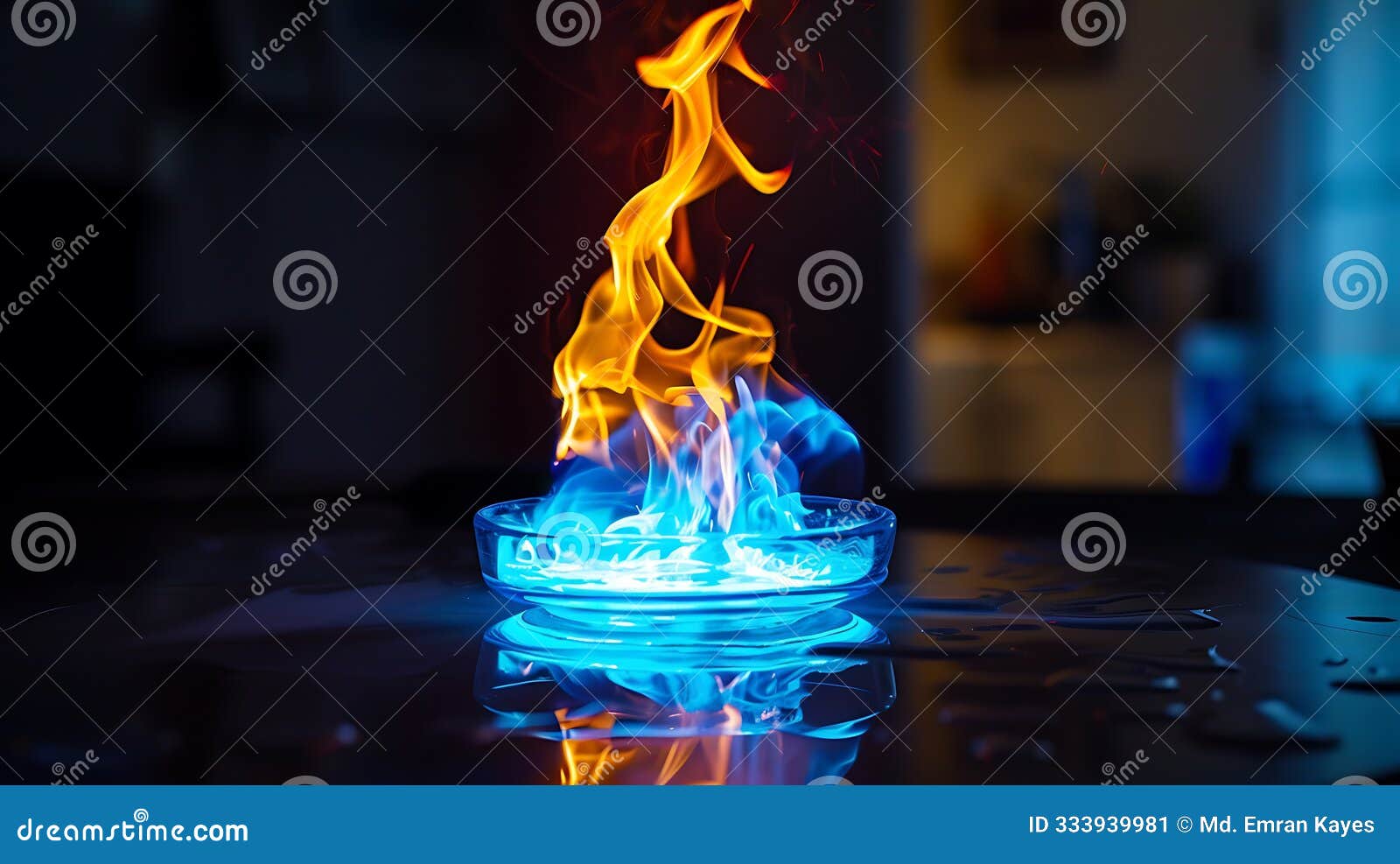 The Beautiful Blue and Yellow Fire Can Light in Dark Room Stock Image ...