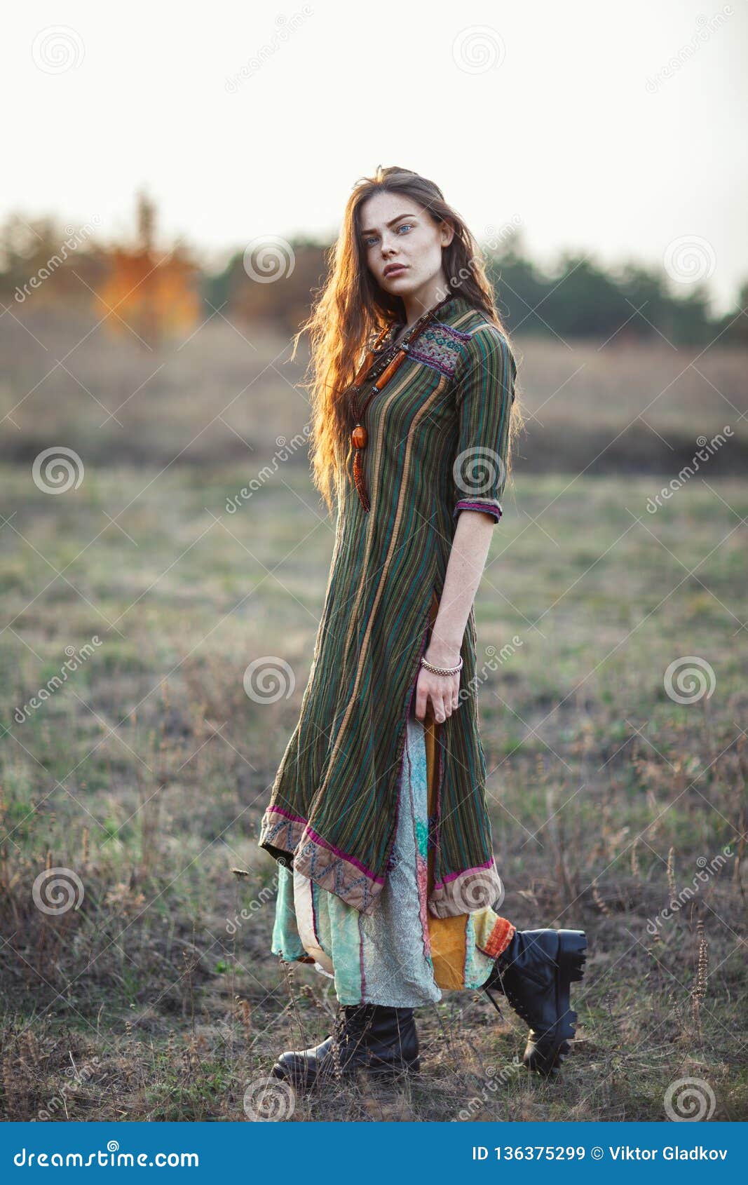 Beautiful Boho Girl Posing at Sunset on Nature Stock Image - Image of ...