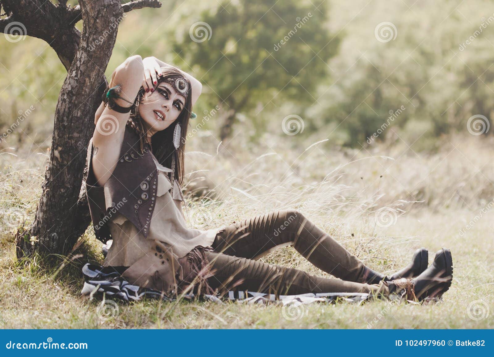 Beautiful Boho Style Girl Resting by the Tree in Nature Stock Photo ...