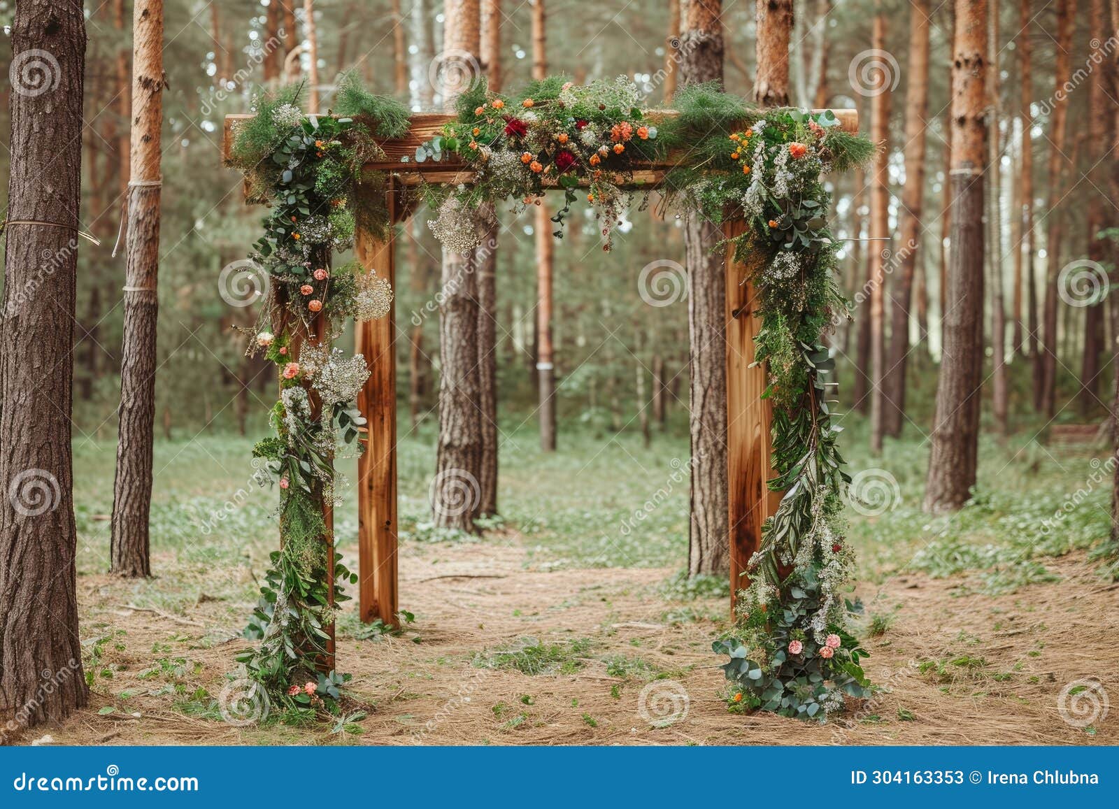 Beautiful Boho Wedding Arch with Green Plants on Green Pine Forrest Stock Illustration ...