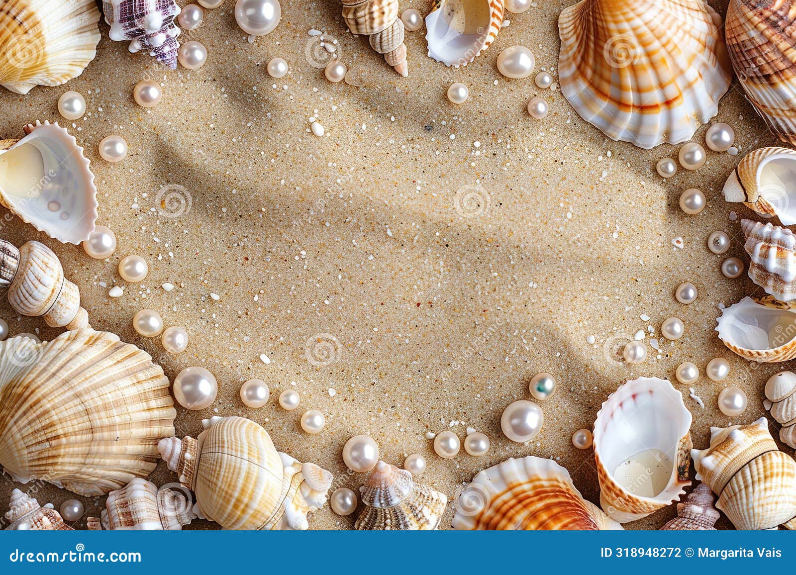 Beautiful Border Frame Template of Various Shells and Pearls on Sand ...
