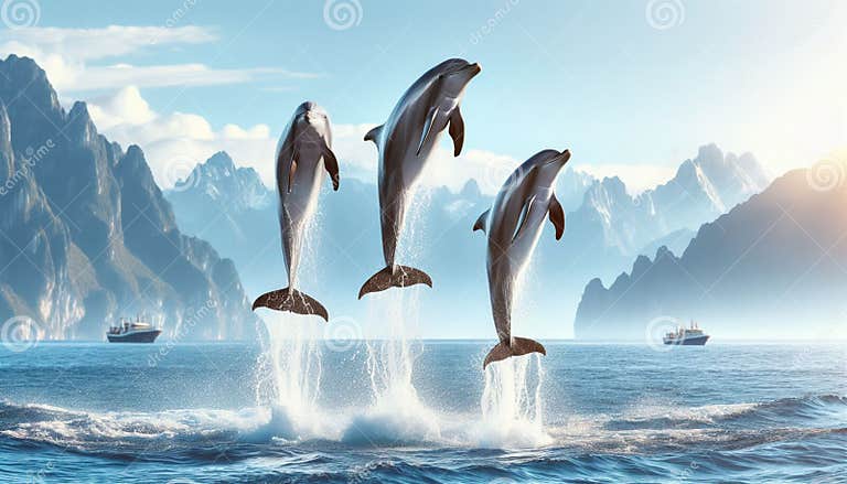 Beautiful Bottlenose Dolphins Jumping Stock Illustration - Illustration of cetacean, happy ...