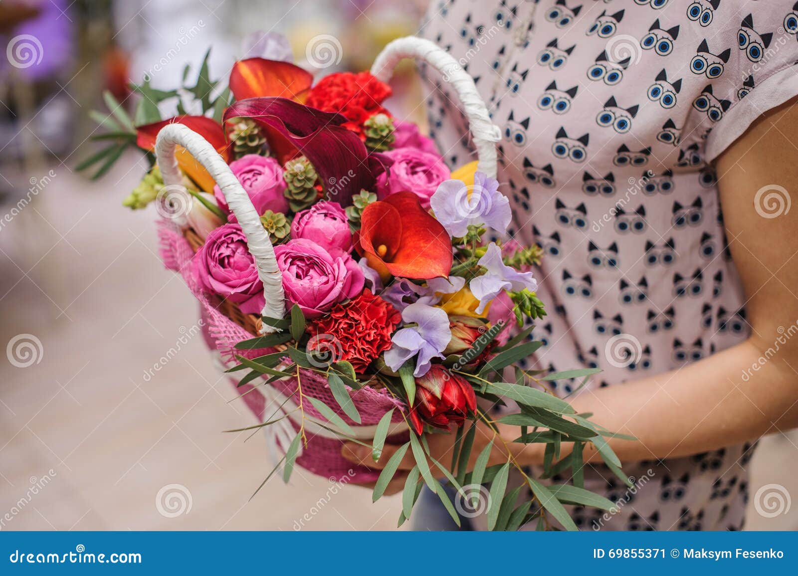 Beautiful Bouquet of Bright Flower Basket in Hands Stock Image - Image ...