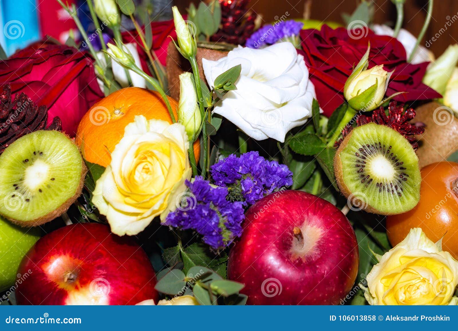 Beautiful Bouquet of Flowers and Fruit Stock Photo - Image of gift ...