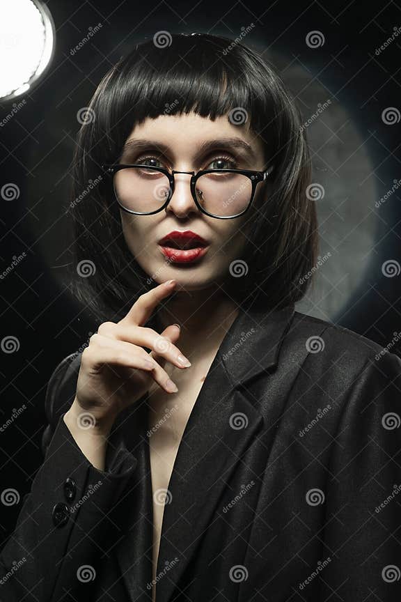 Beautiful Braless Slim Girl With Red Lips Wearing A Unbuttoned Black