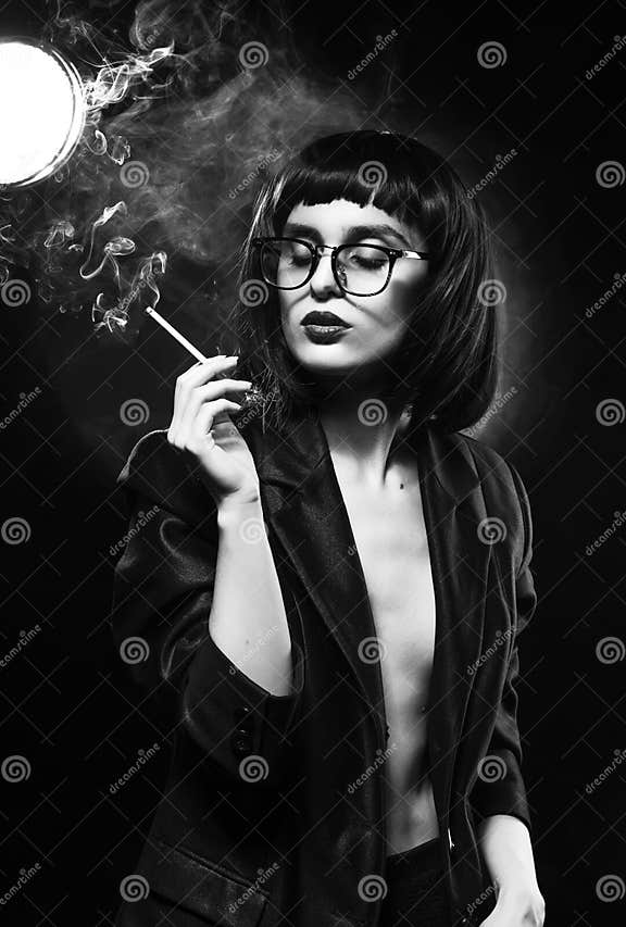 Beautiful Braless Slim Girl With Red Lips Wearing A Unbuttoned Black