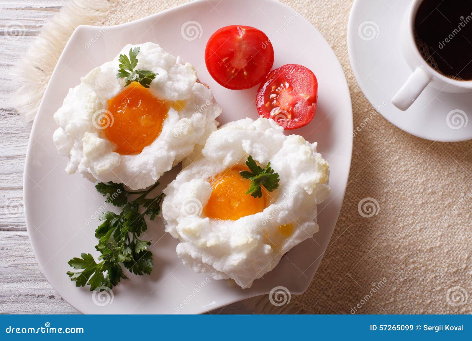 Beautiful Breakfast: Eggs Orsini and Coffee Horizontal Top View Stock ...