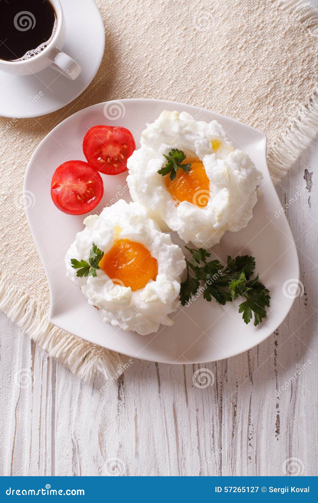 Beautiful Breakfast: Eggs Orsini and Coffee Vertical Top View Stock ...