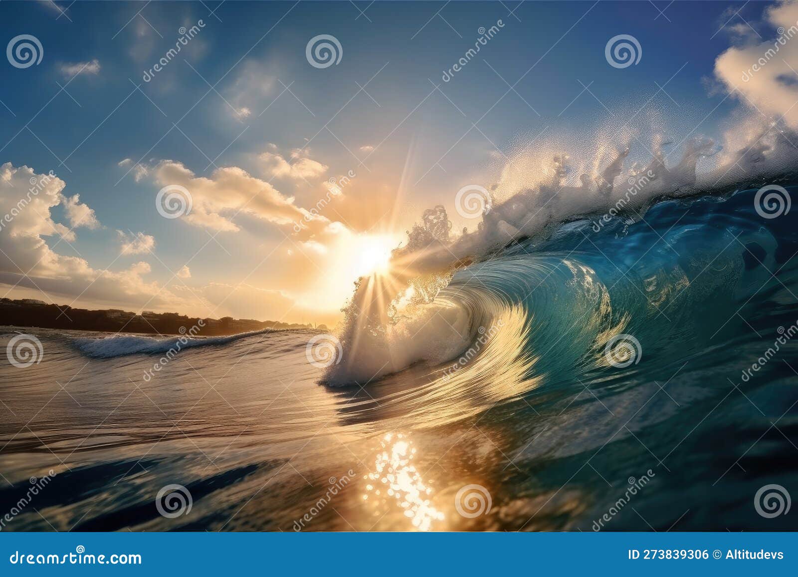 Beautiful Breaking Wave with Cloud and Sun in the Background Stock ...