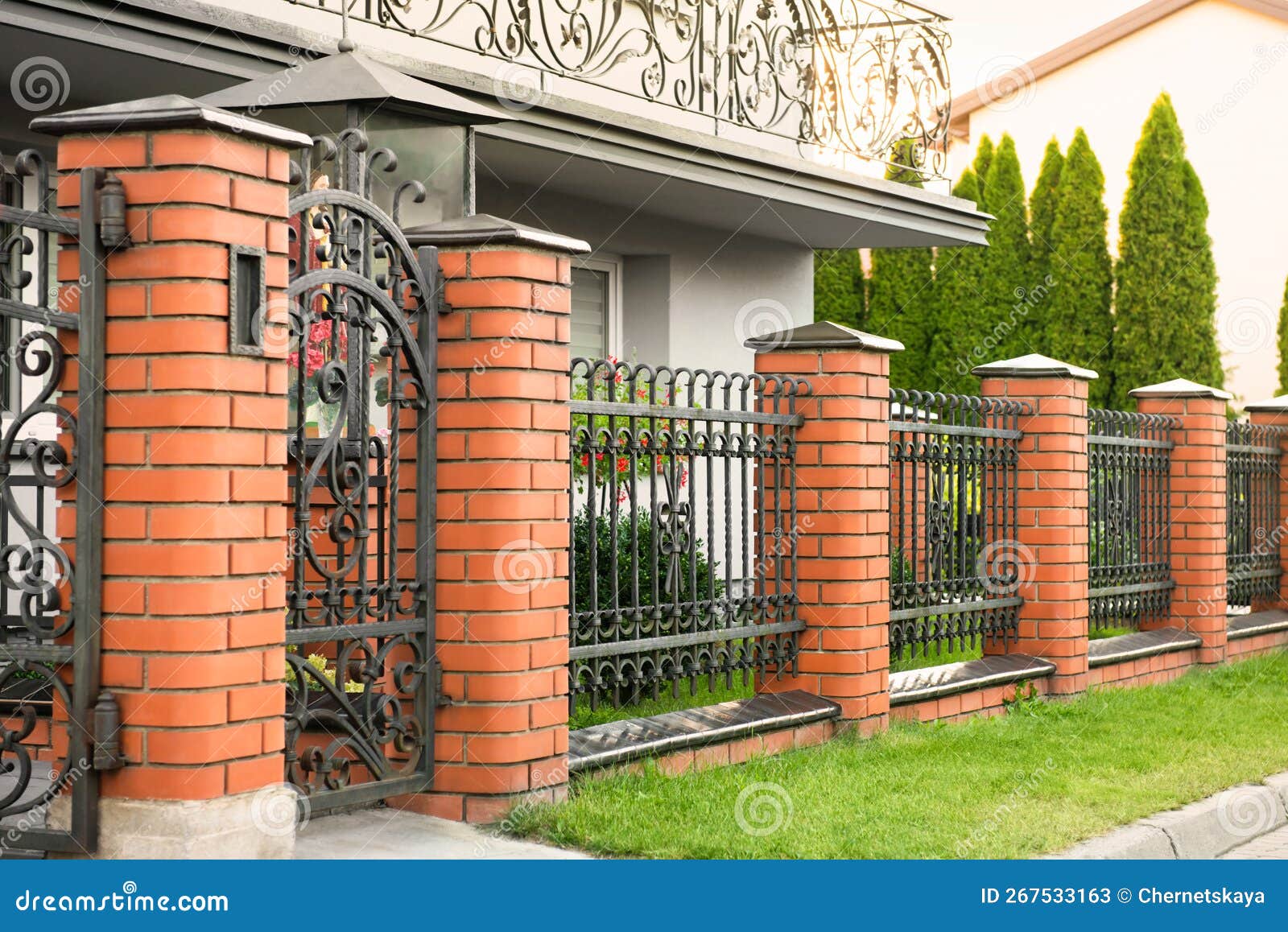 Beautiful Brick Fence with Iron Railing Outdoors Stock Image - Image of ...