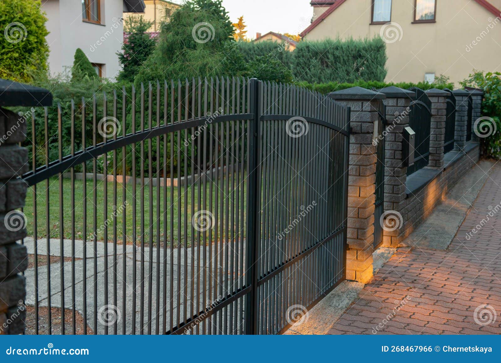 Beautiful Brick Fence with Iron Railing Outdoors Stock Photo - Image of ...