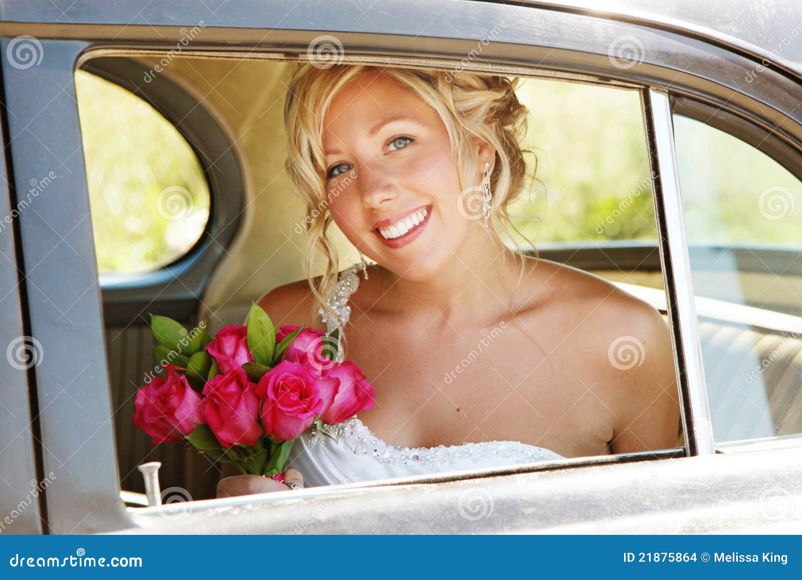 Beautiful Bride in Car on Wedding Day Stock Photo - Image of cheerful ...