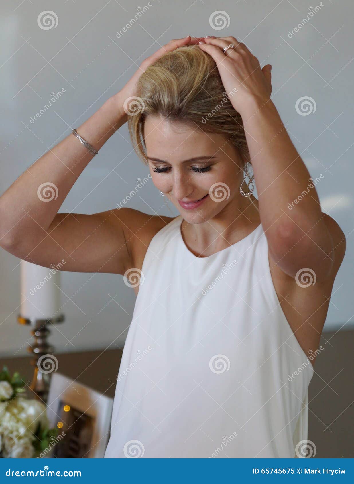 Beautiful Bride Fixing Her Hair Stock Image - Image of beautiful ...