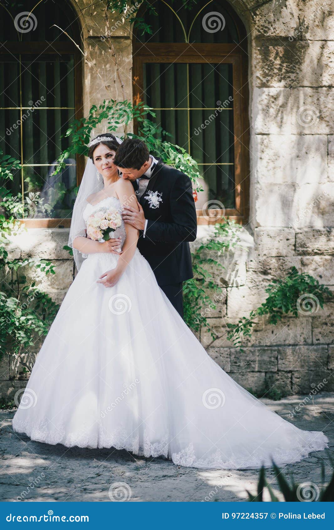 Beautiful Bride and Groom Posing in a Yard of a Castle Stock Image ...