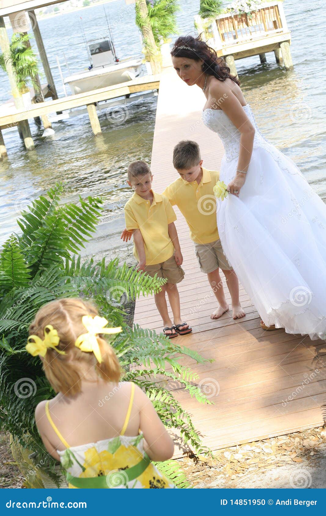 Beautiful Bride with Her Children on Dock Stock Photo - Image of male ...