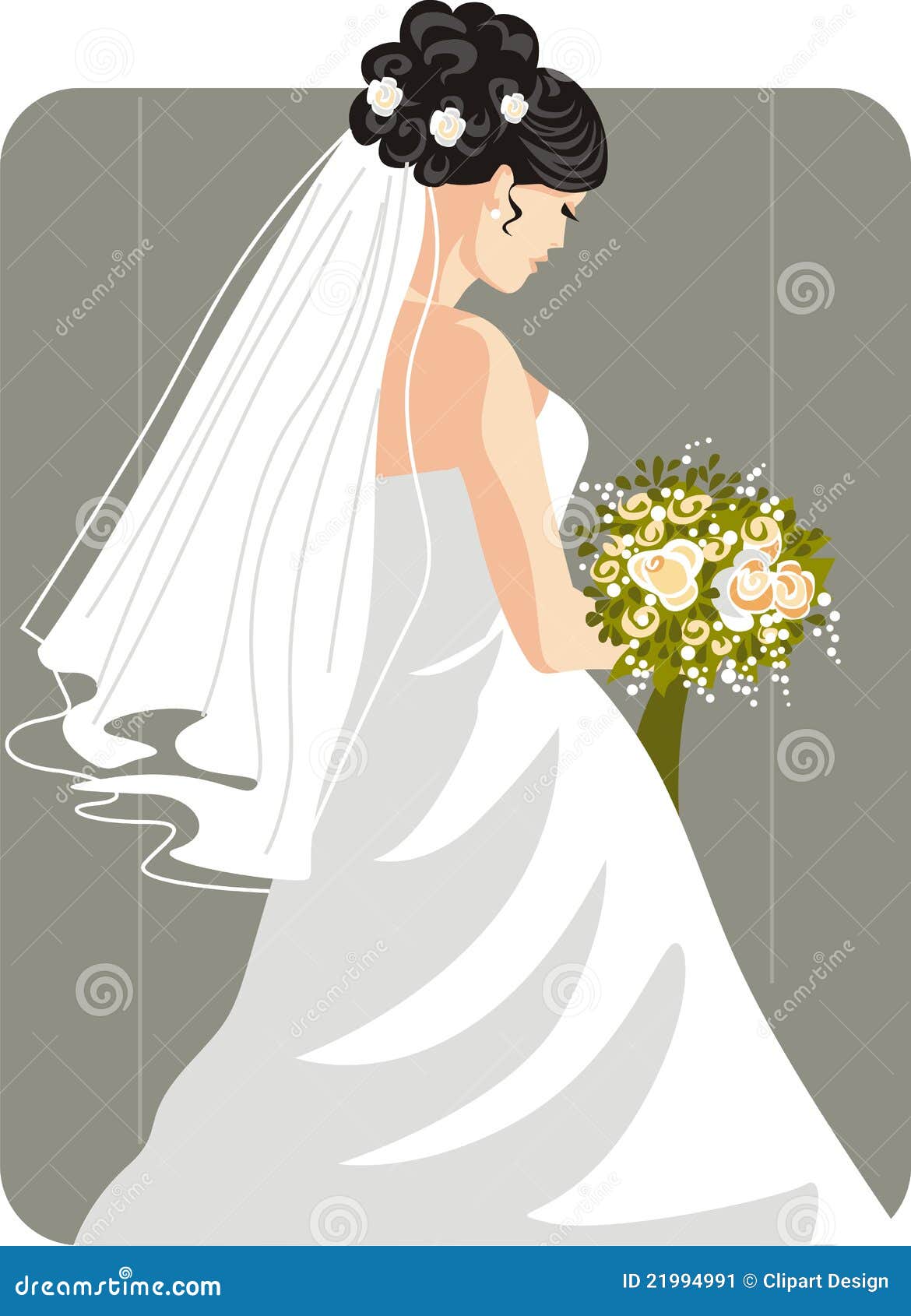 Beautiful Bride In Wedding Dress Holding Bouquet Of Roses Posing With ...