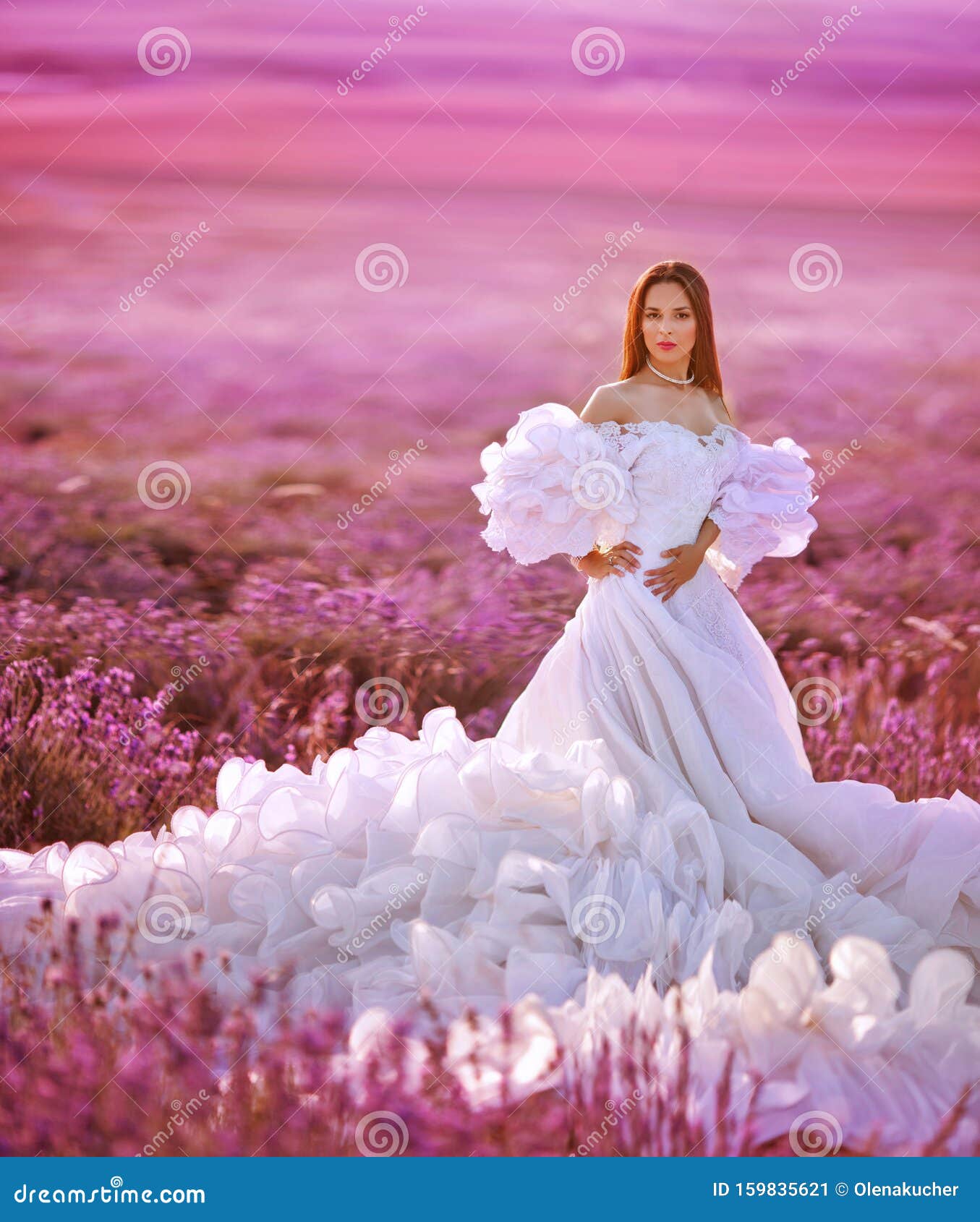 Beautiful Bride Posing at Field of Lavender Stock Image - Image of hair ...