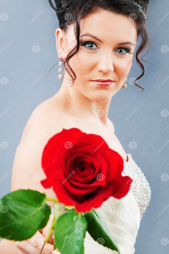 Beautiful Bride with Rose in Studio Stock Image - Image of celebration ...