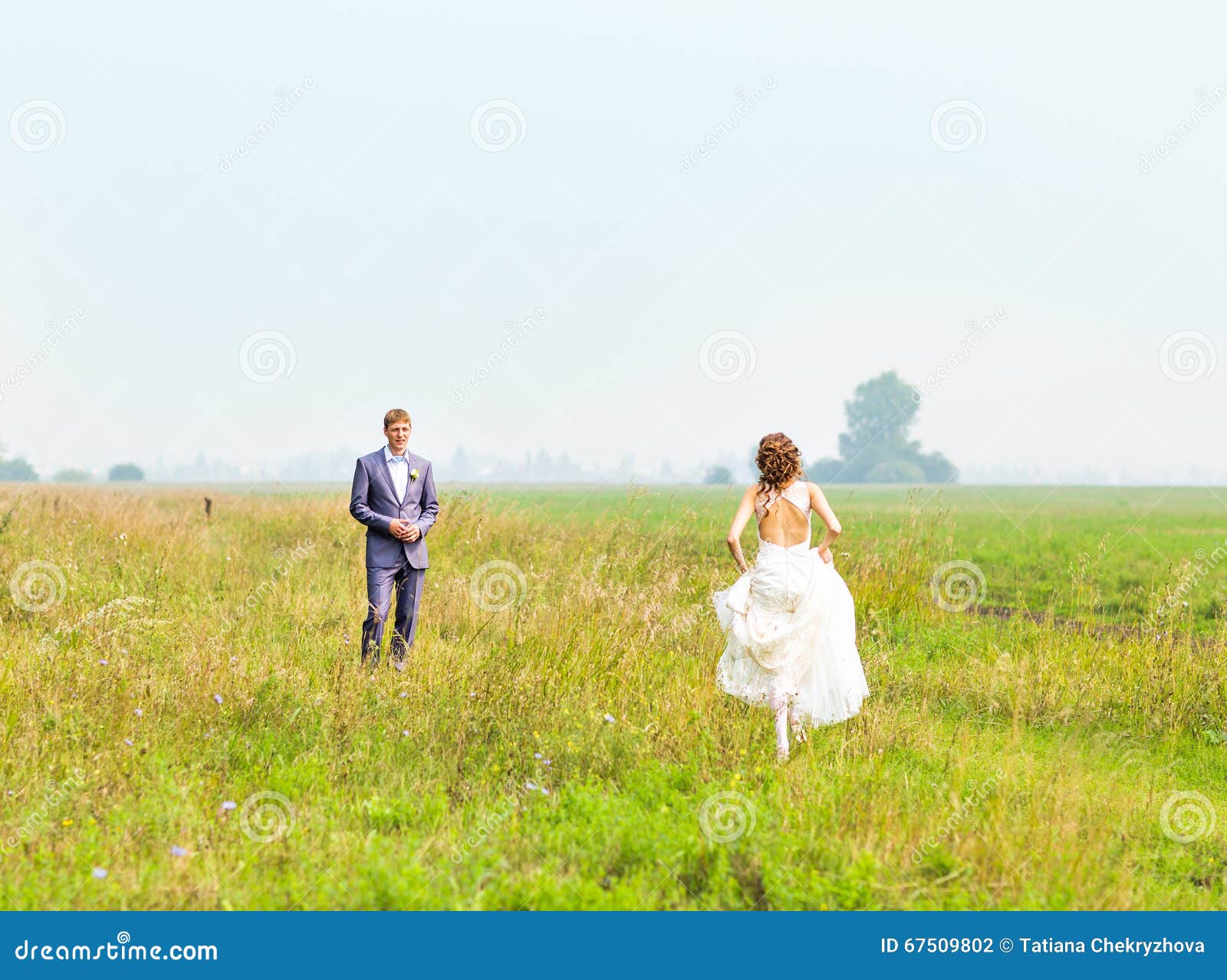 Beautiful Bride Running in the Field Stock Photo - Image of elegance ...