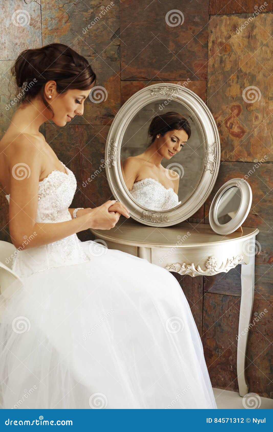 Beautiful Bride Sitting Front of Mirror Stock Photo - Image of person ...