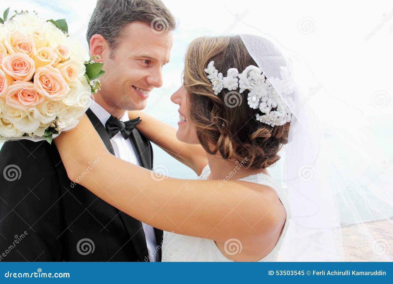 Beautiful Bride Smiling and Embracing Her Groom Stock Image - Image of ...