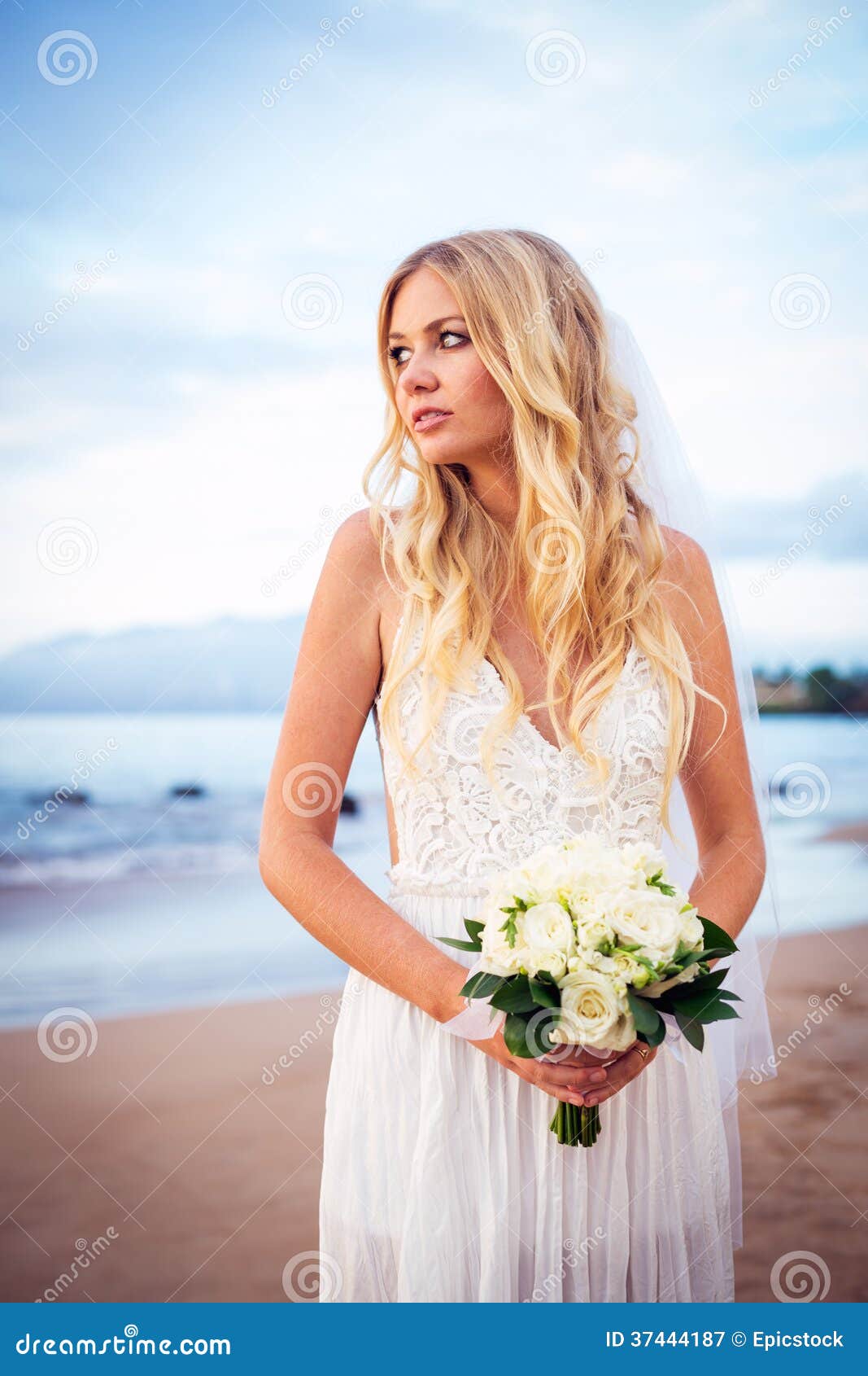 Beautiful Bride Standing by the Beach at Sunset Stock Image - Image of ...