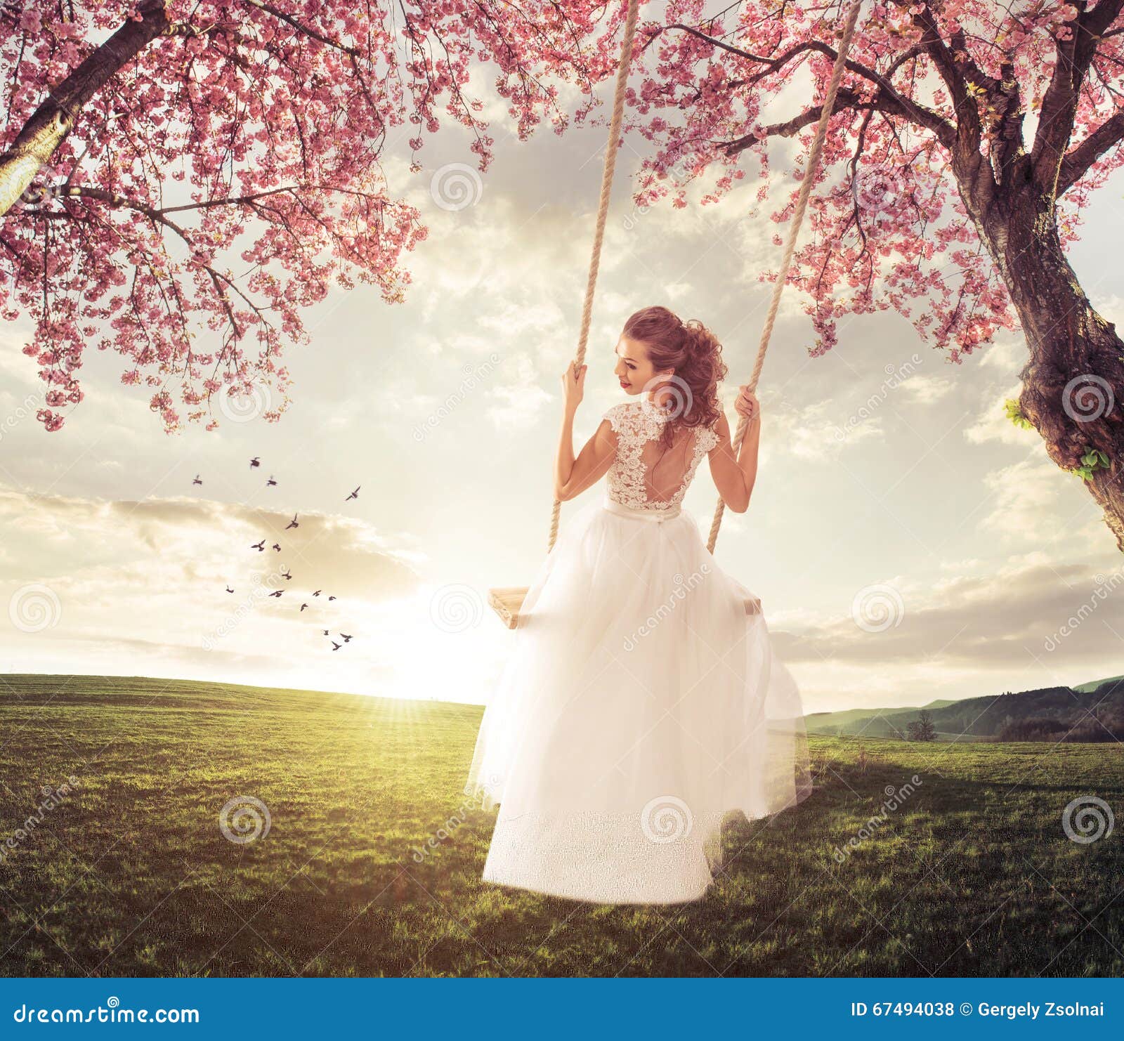 Beautiful Bride Swing in the Spring Meadow Stock Photo - Image of ...