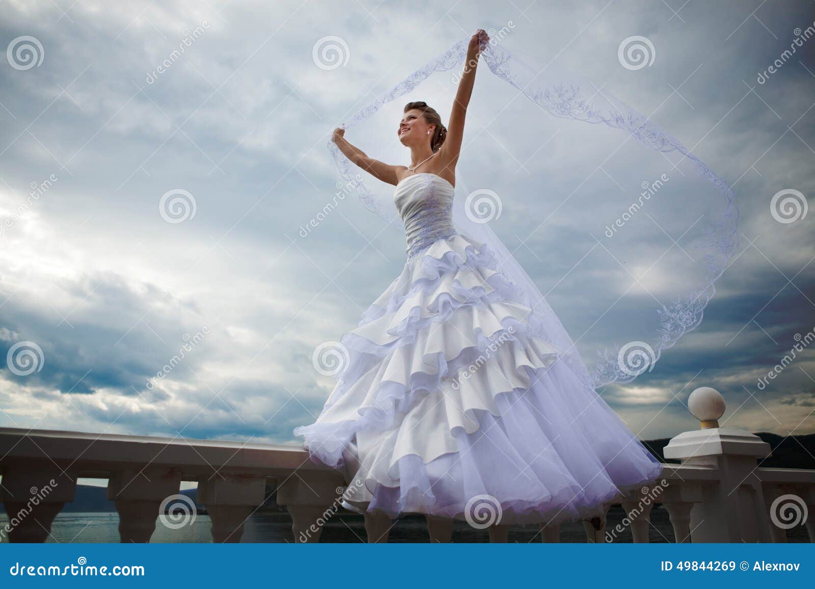 Beautiful Bride Walking on the Terrace with Veil Stock Image - Image of ...