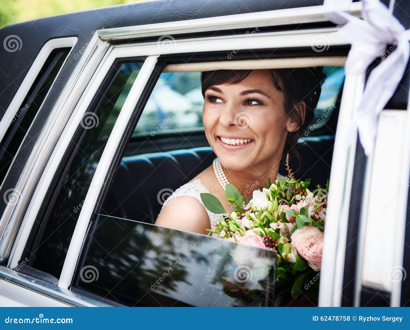 Beautiful Bride in Wedding Limousine Stock Photo - Image of white, limo ...