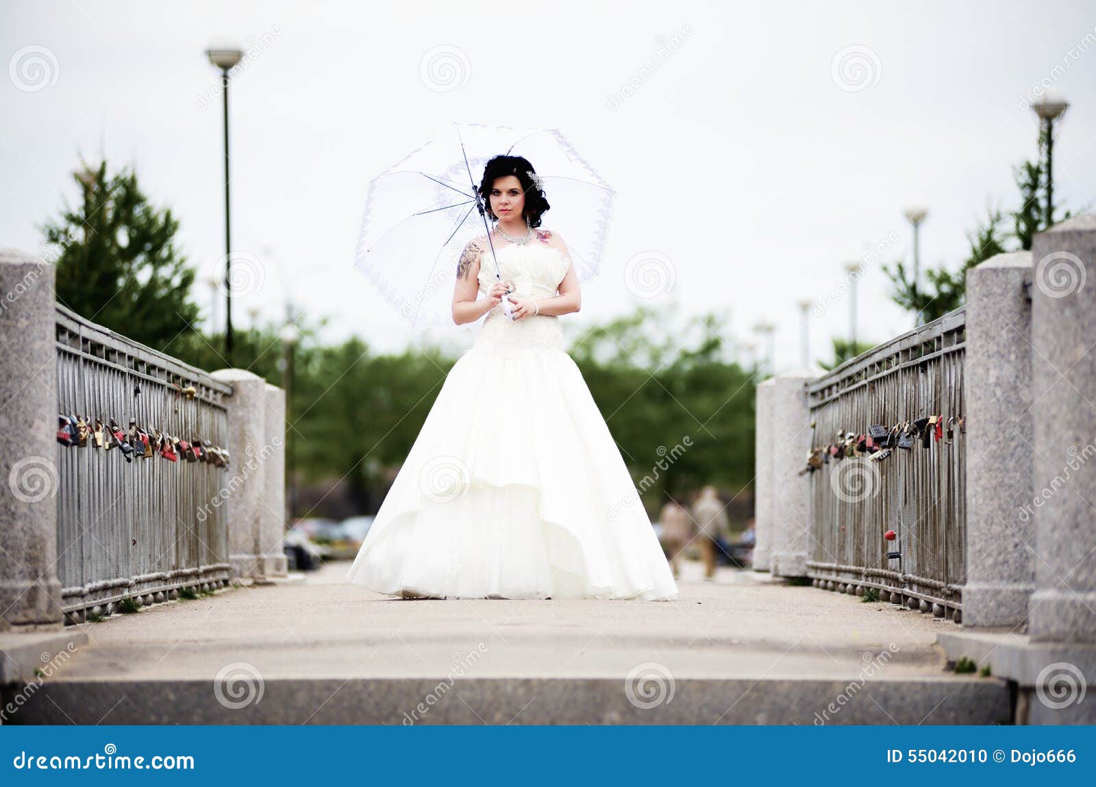 Beautiful Bride in White Dress on Bridge Witch Umbrella Stock Photo ...