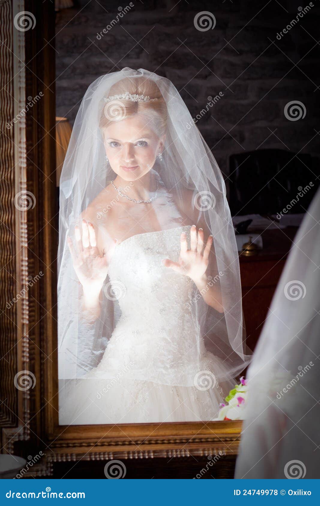 Beautiful Bride in White Infront of Mirror Stock Photo - Image of ...