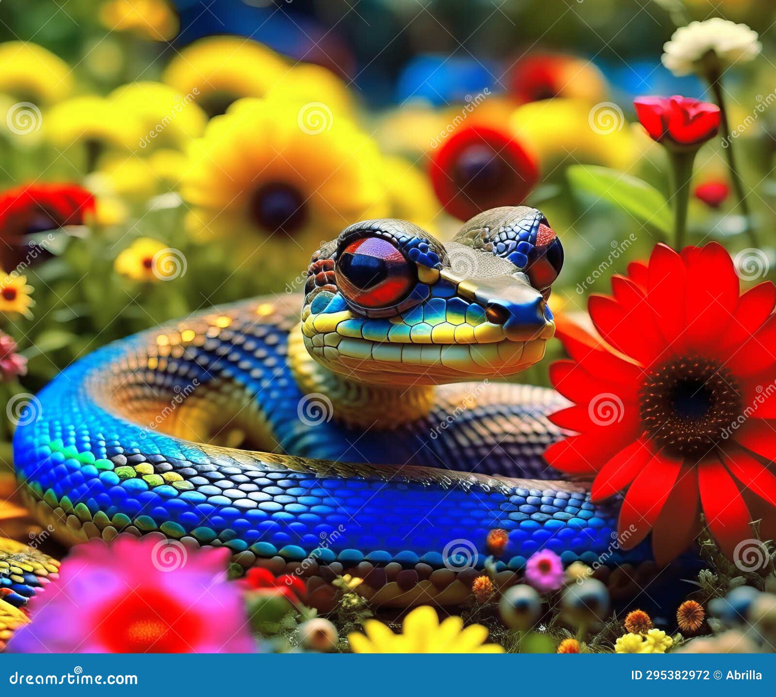 Beautiful Bright Snake among Colorful Flowers Stock Photo - Image of ...