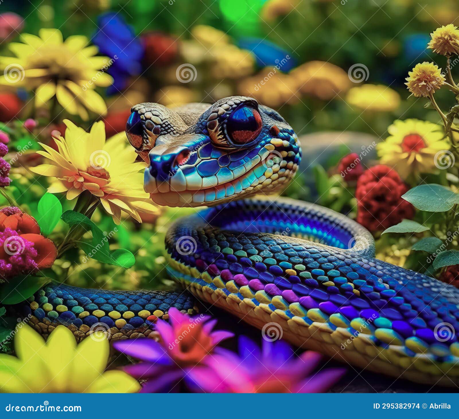 Beautiful Bright Snake among Colorful Flowers Stock Photo - Image of ...