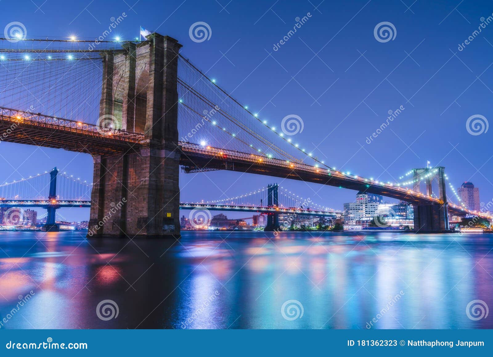 Beautiful Brooklyn Bridge at Night with Reflection in Water Stock Image ...