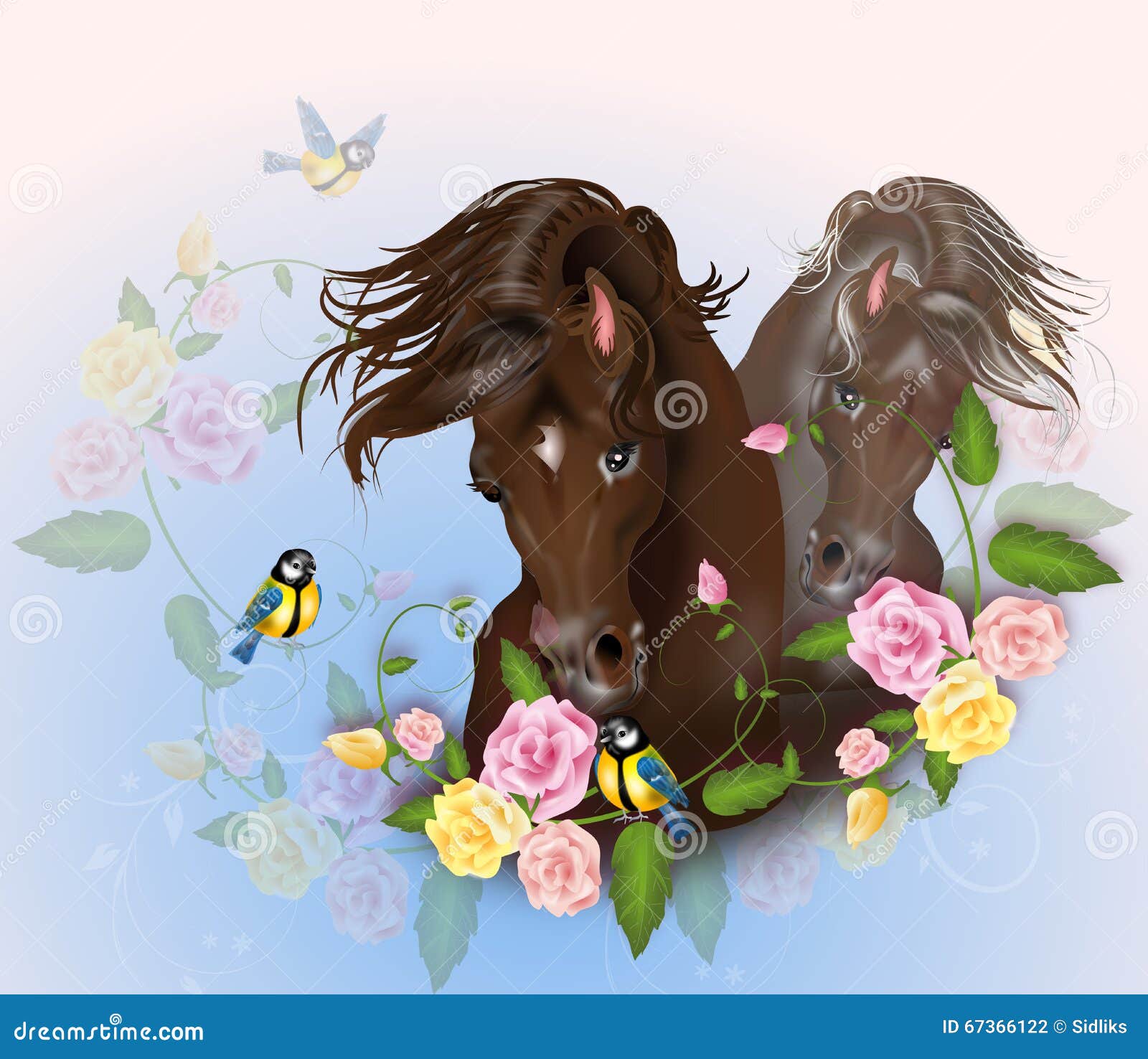 Beautiful Brown Horses with Rose Decoration Stock Illustration ...