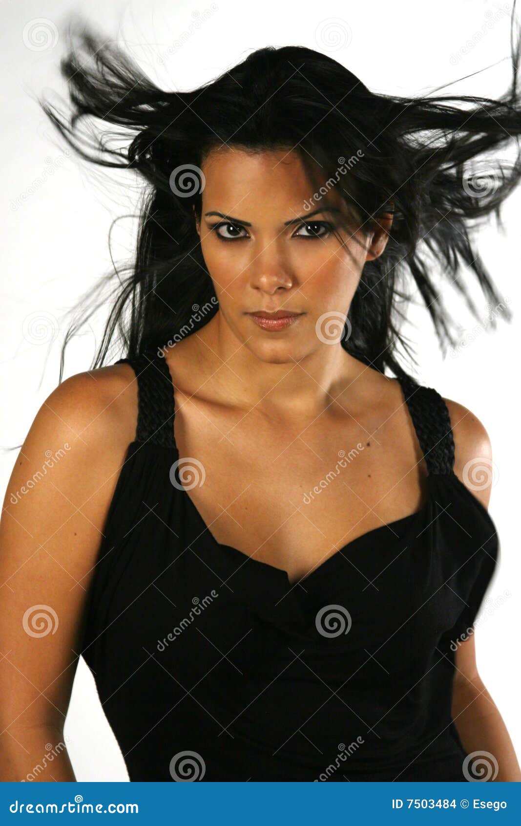 Beautiful Brunette Girl With Long Curly Hair In The Air, Studio ...