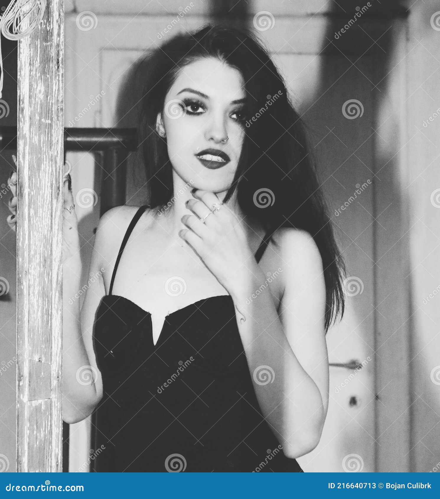 Beautiful Brunette Caucasian Girl With Long Hair Posing Outdoors Style