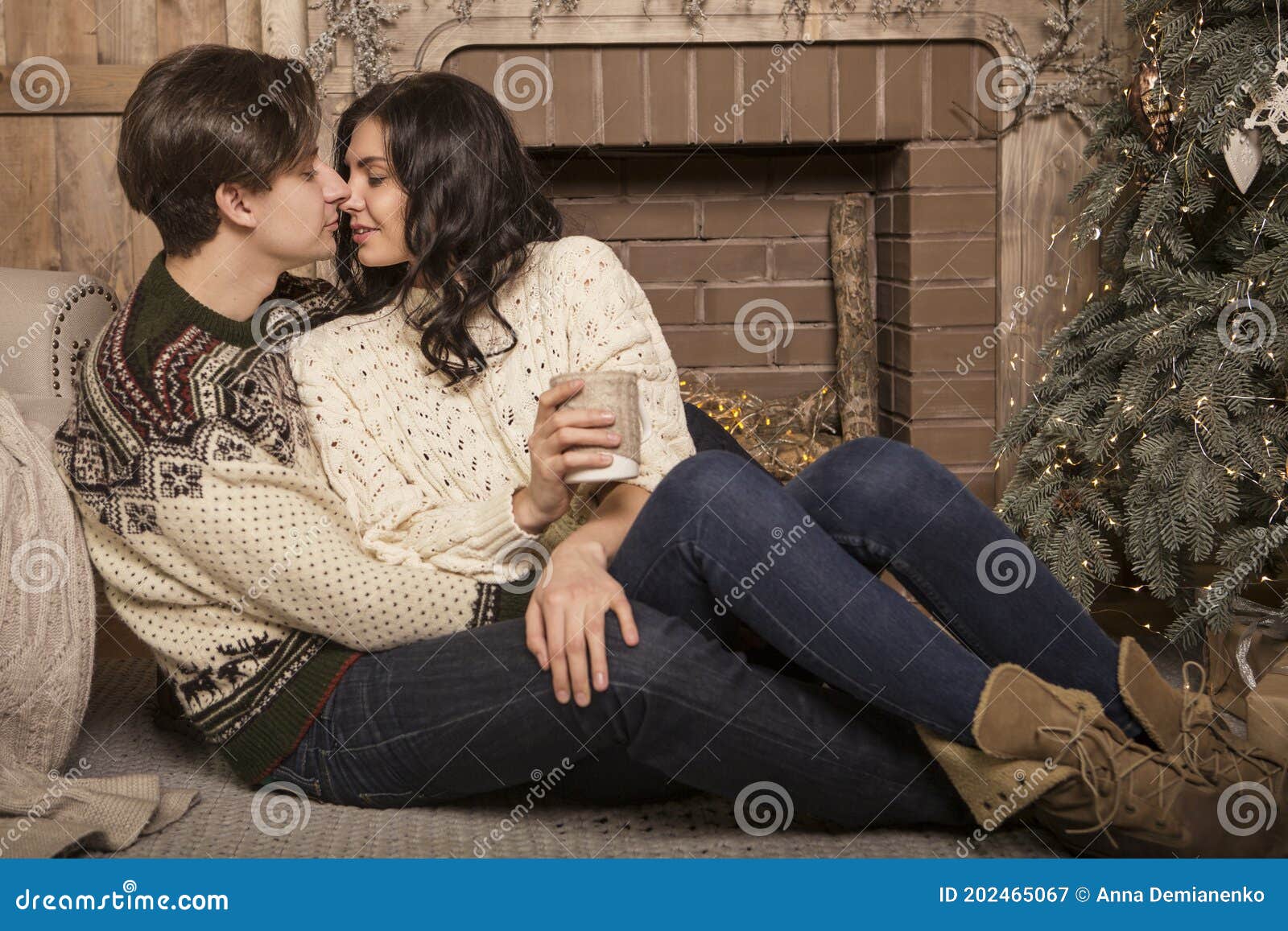 Beautiful Brunette Caucasian Romantic Loving Couple In Cozy Warm