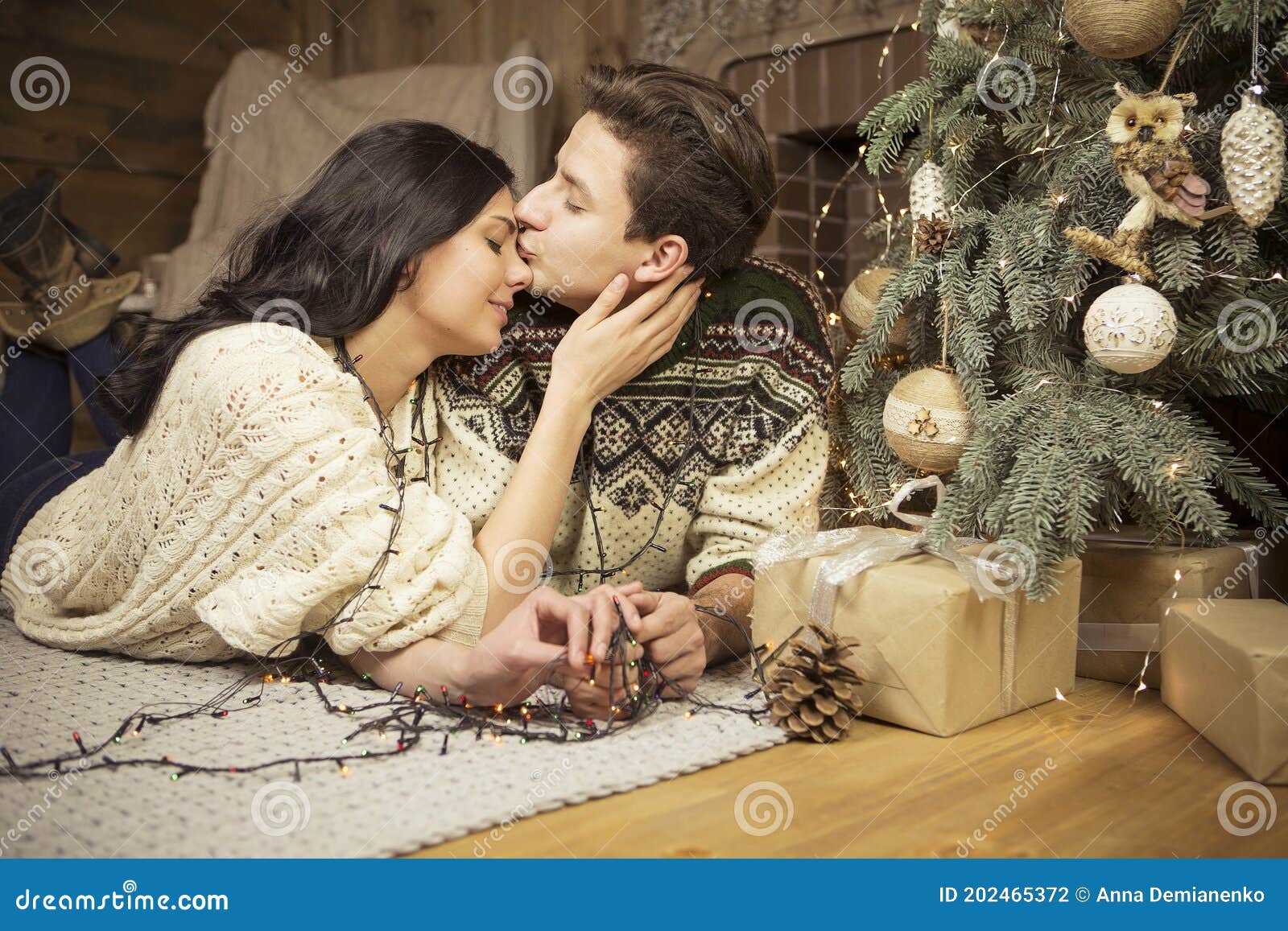 Beautiful Brunette Caucasian Romantic Loving Couple In Cozy Warm