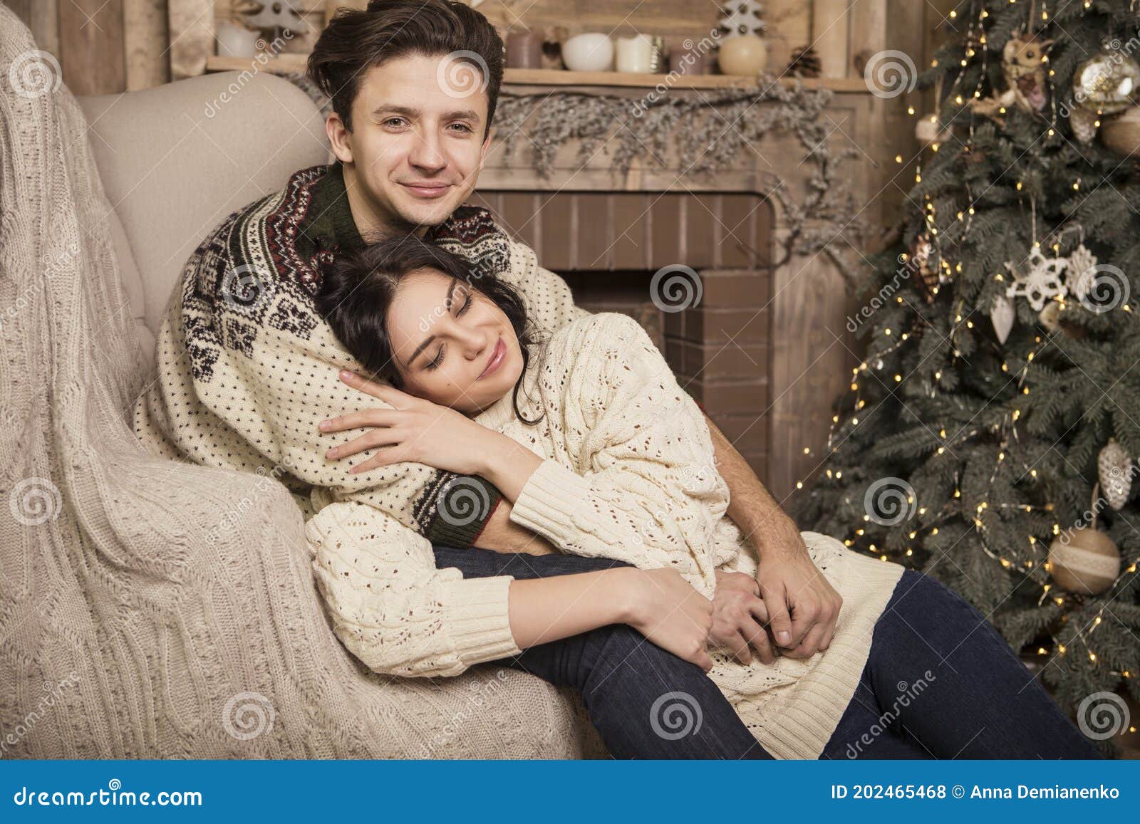 Beautiful Brunette Caucasian Romantic Loving Couple In Cozy Warm