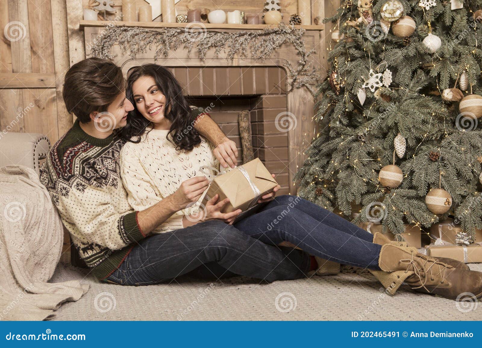Beautiful Brunette Caucasian Romantic Loving Couple In Cozy Warm