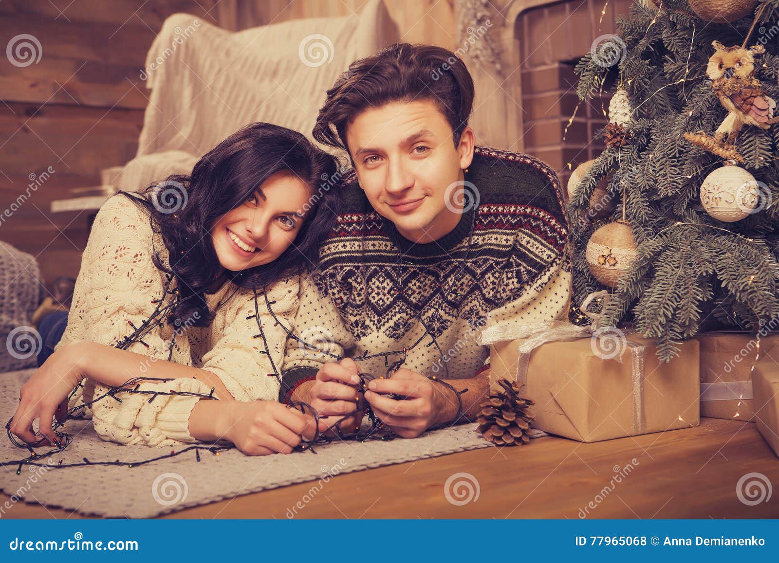 Beautiful Brunette Caucasian Romantic Loving Couple In Cozy Warm Stock