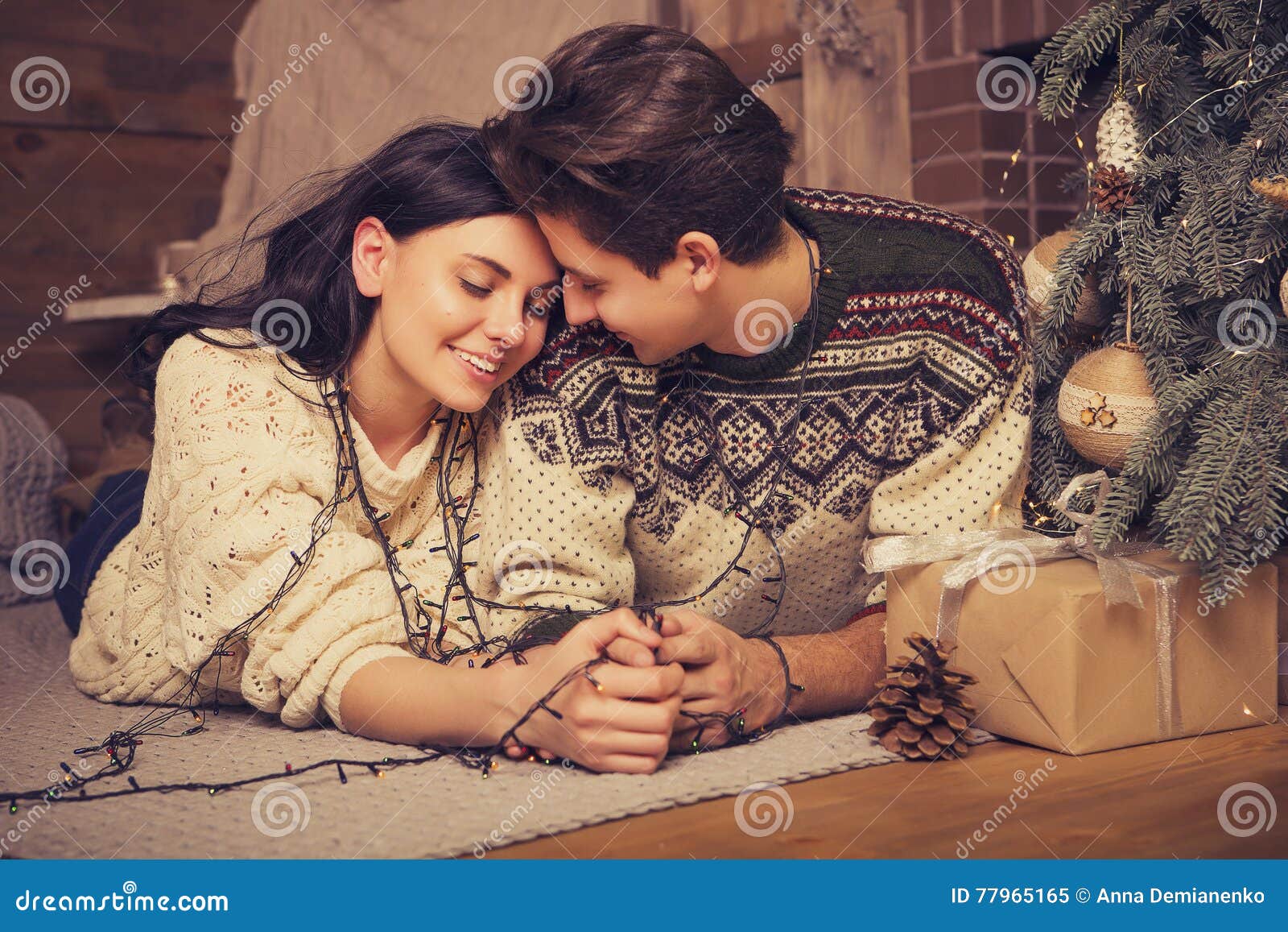 Beautiful Brunette Caucasian Romantic Loving Couple In Cozy Warm Stock