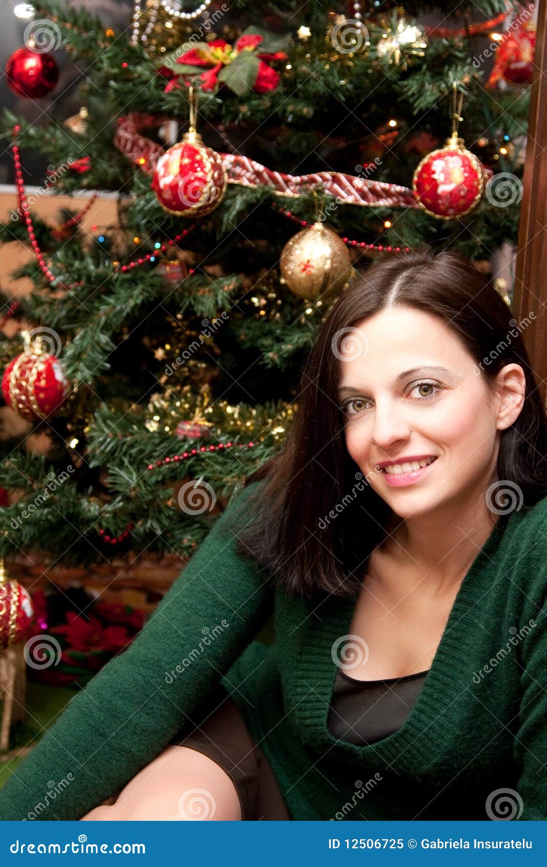 Beautiful Brunette by the Christmas Tree Stock Image - Image of ...