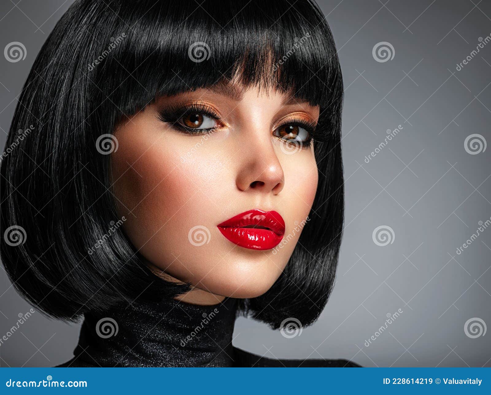 Beautiful Brunette Girl With Red Lips And Black Bob Hairstyle Pretty
