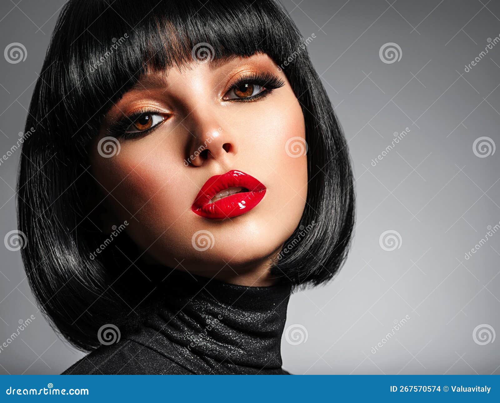 Beautiful Brunette Girl With Red Lips And Black Bob Hairstyle Pretty